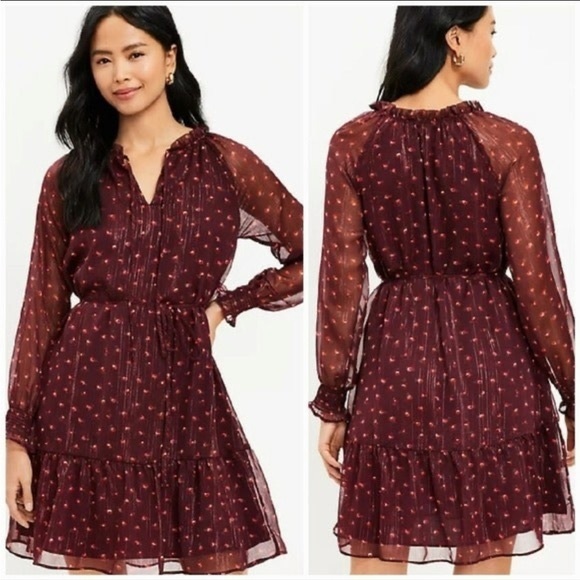 LOFT | Dresses | Loft Shimmer Floral Tiered Ruffle Dressbold Bordeaux ...